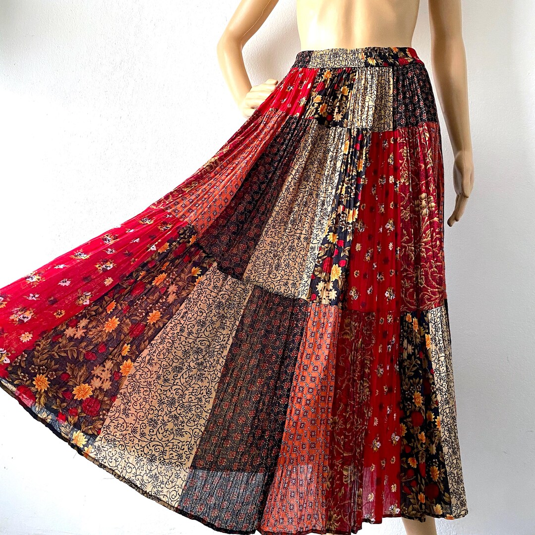 Vintage Gauze Maxi Skirt Mixed Print Crinkle Skirt Multi-colored Long ...
