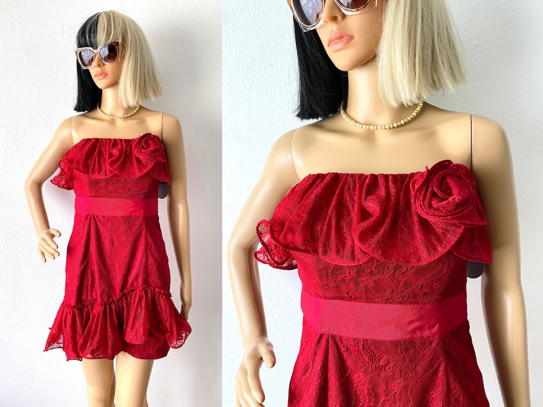 Red Lace Mini Dress Bright Red Prom Dress Ruffled Mini Dress Sexy Red ...