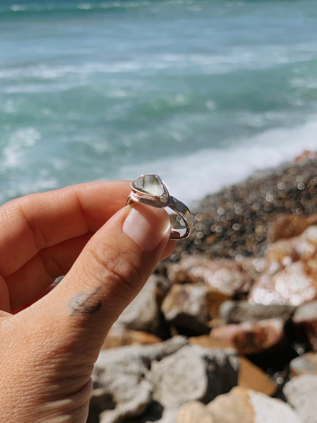 Sea Green Silver Sea Glass Ring Set Size 8 Size 8 Hammered Band - Etsy