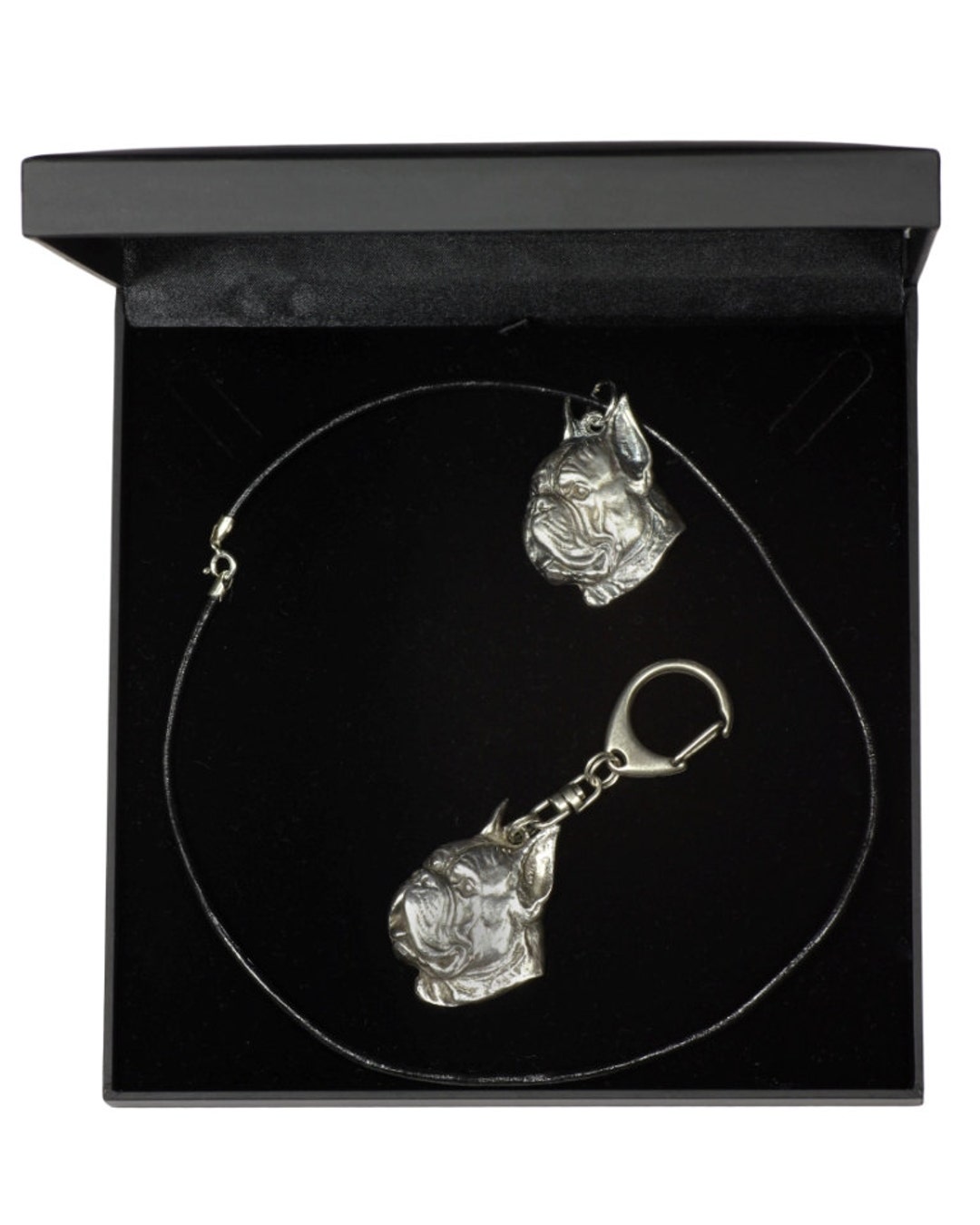 NEW, Boxer (toungue&pointed Ears), Dog Keyring and Necklace in Casket ...