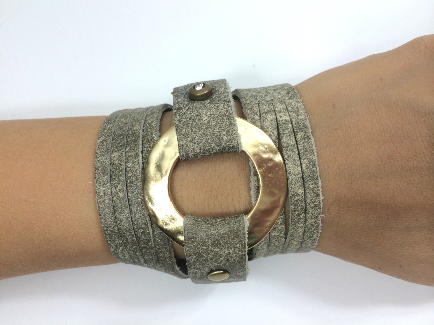 Wrap Bracelet in Stone Color Leather and Prominent Round Golden Ring ...