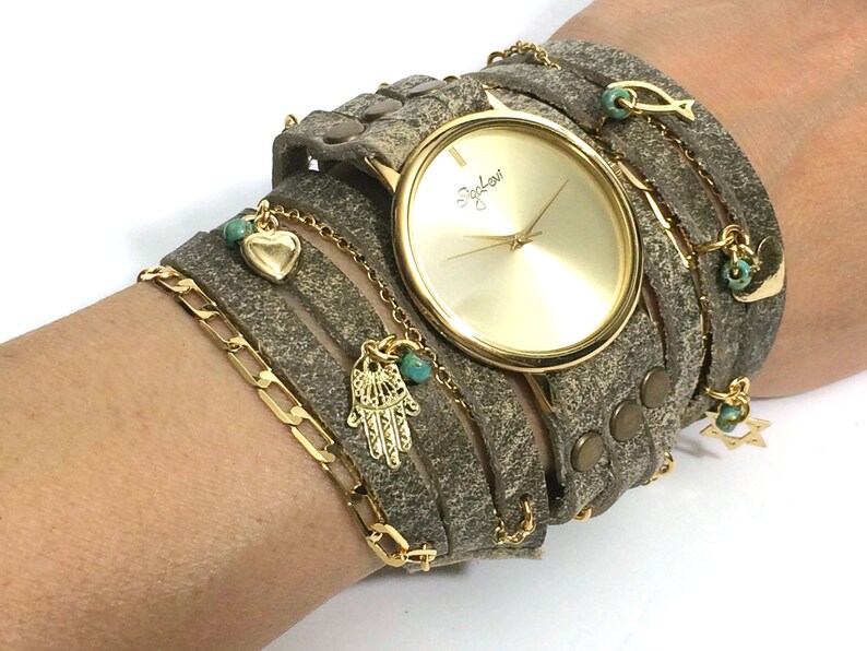 Leather Wrap Watch-wrap Watch With Golden Charms and Turquoise Beads ...