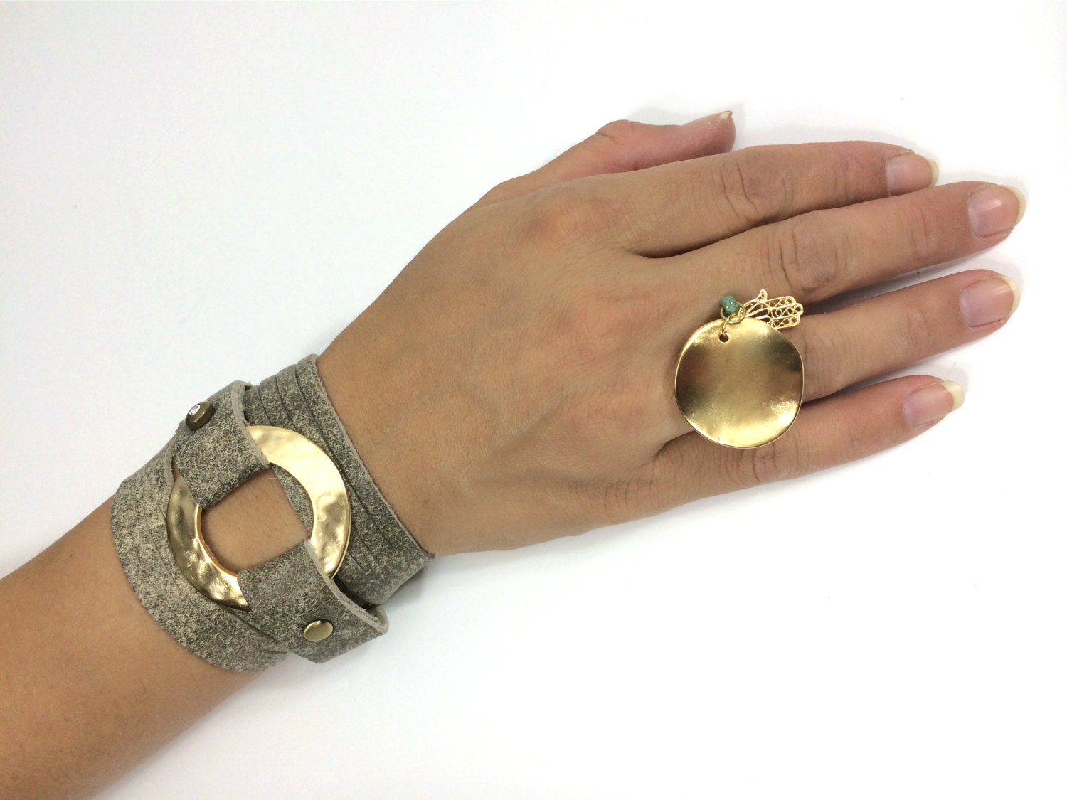 Wrap Bracelet in Stone Color Leather and Prominent Round Golden Ring ...