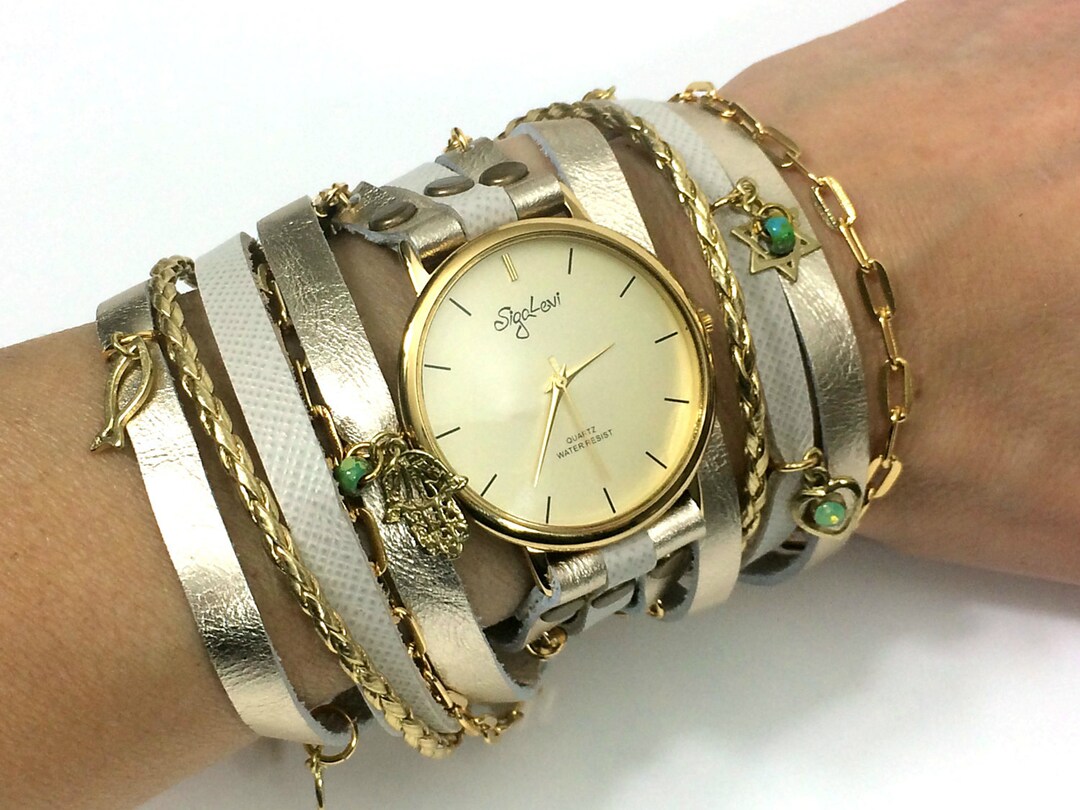 Gold & Beige Leather Wrap Watch With Turquoise Bead Charms - Etsy