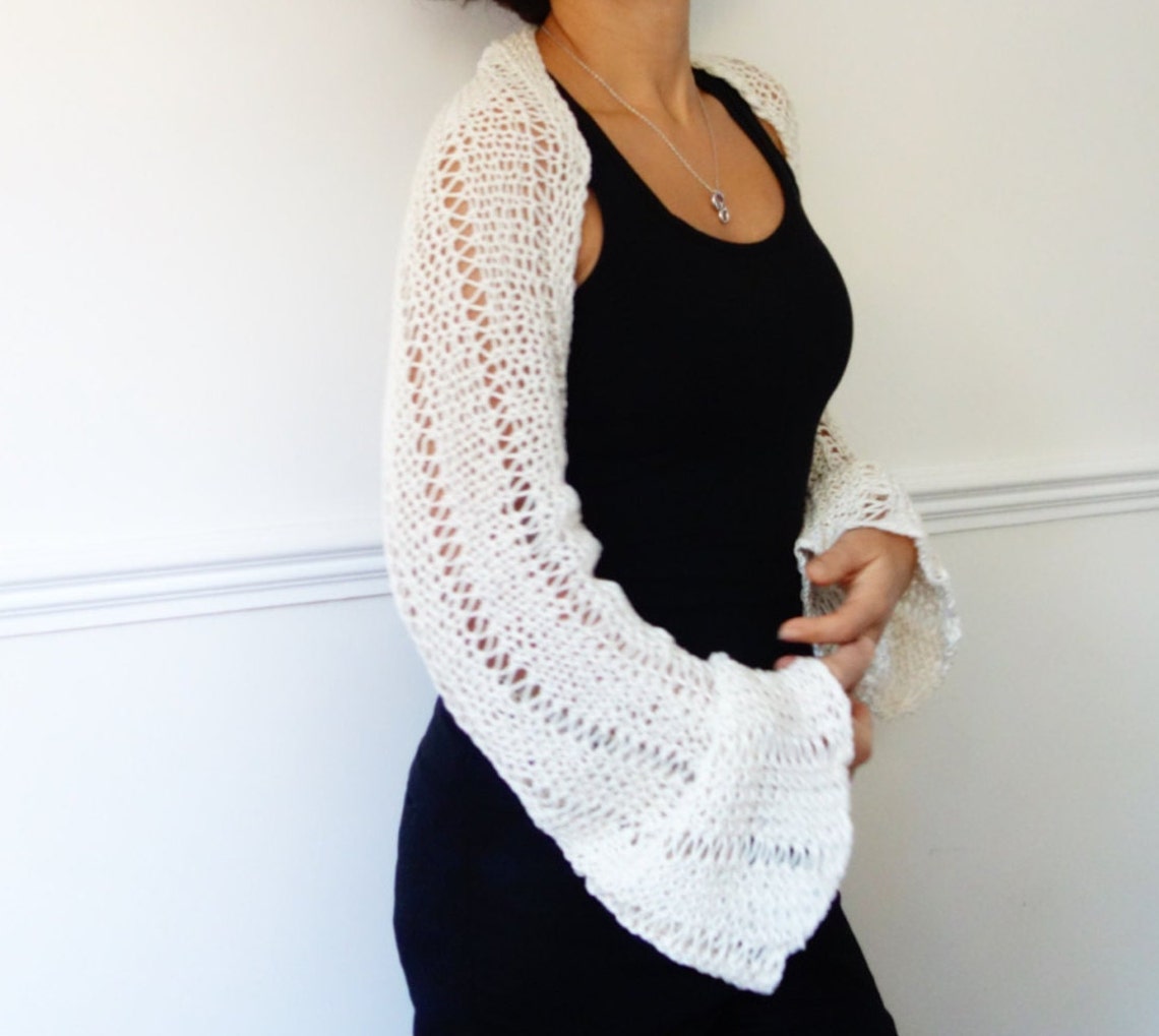 Knitting PATTERN - Bell Sleeve Shrug/ Laced Hand Knit Cozy Wrap/ Cotton ...