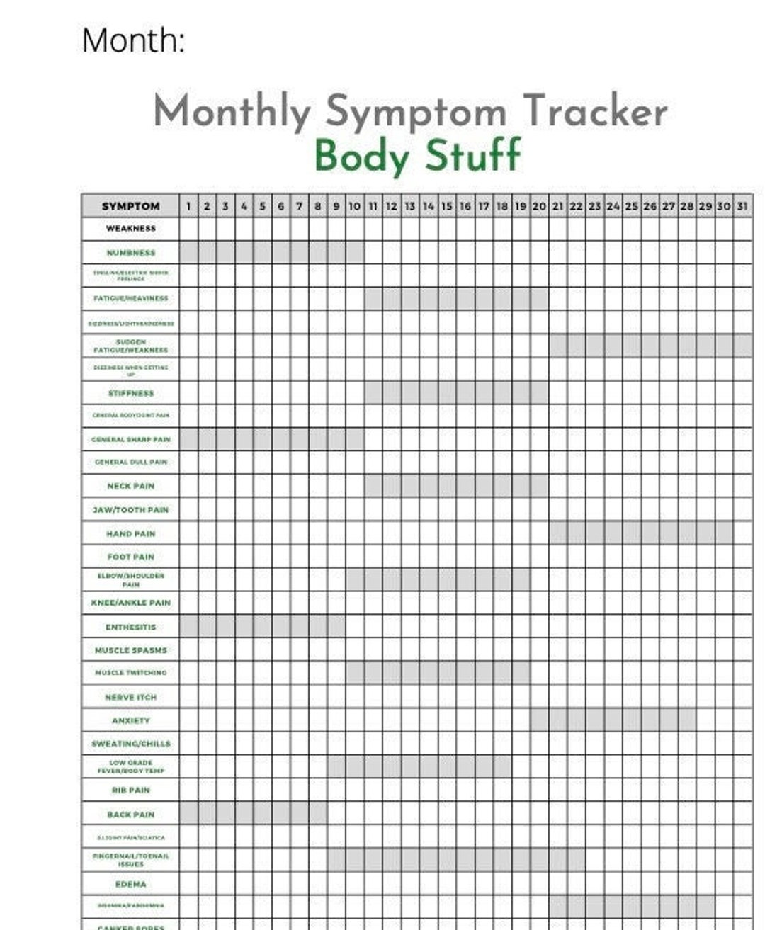 Chronic Illness Daily Symptom Checklist With the Whole Month on One ...