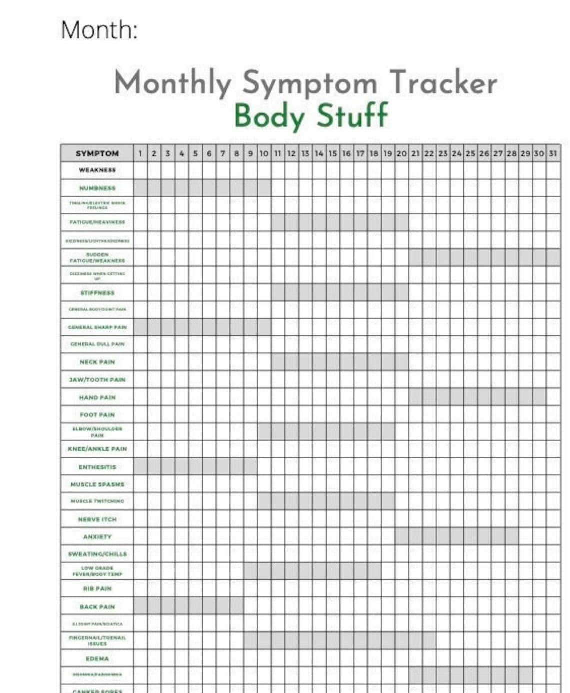 Chronic Illness Daily Symptom Checklist With the Whole Month on One ...