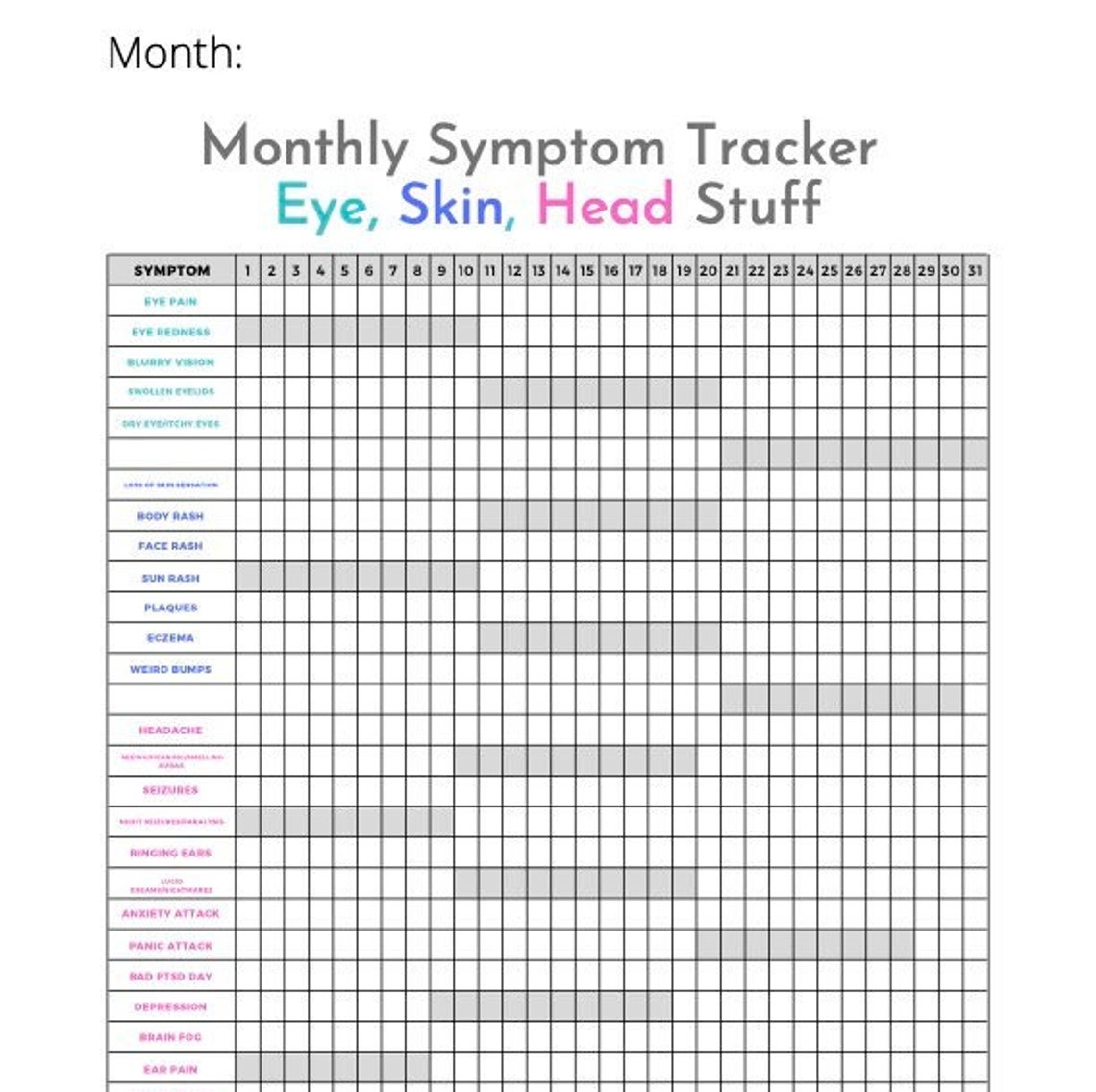 Chronic Illness Daily Symptom Checklist With the Whole Month on One ...