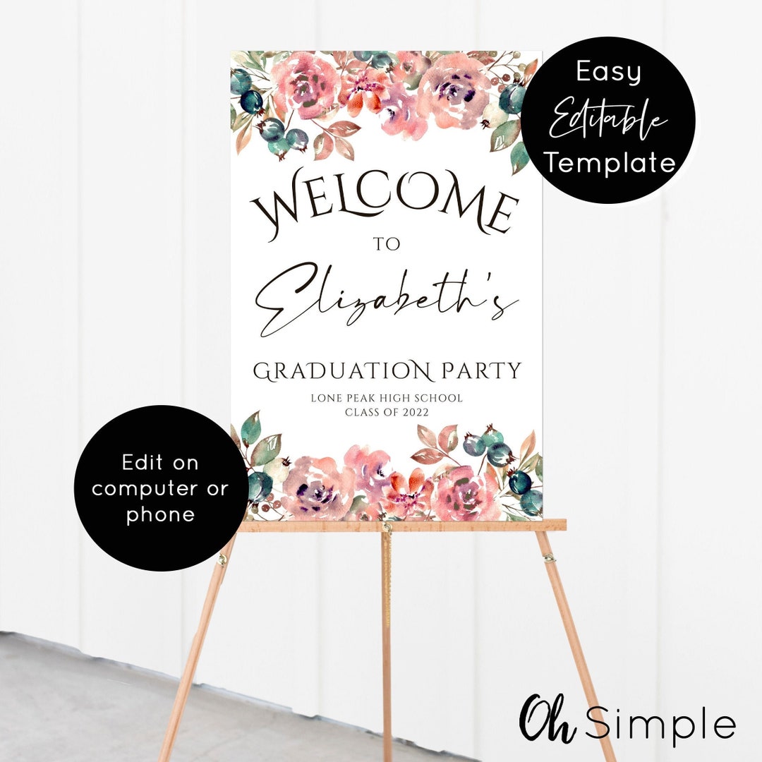 Floral Graduation Party Welcome Sign Canva Template, Grad Party ...