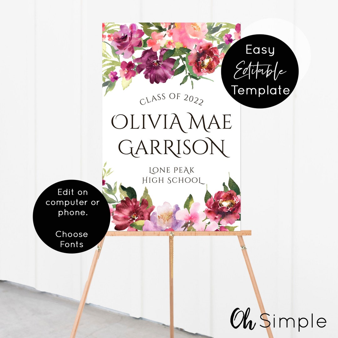 Feminine Graduation Sign Template, Grad Party Poster Board for Girls ...