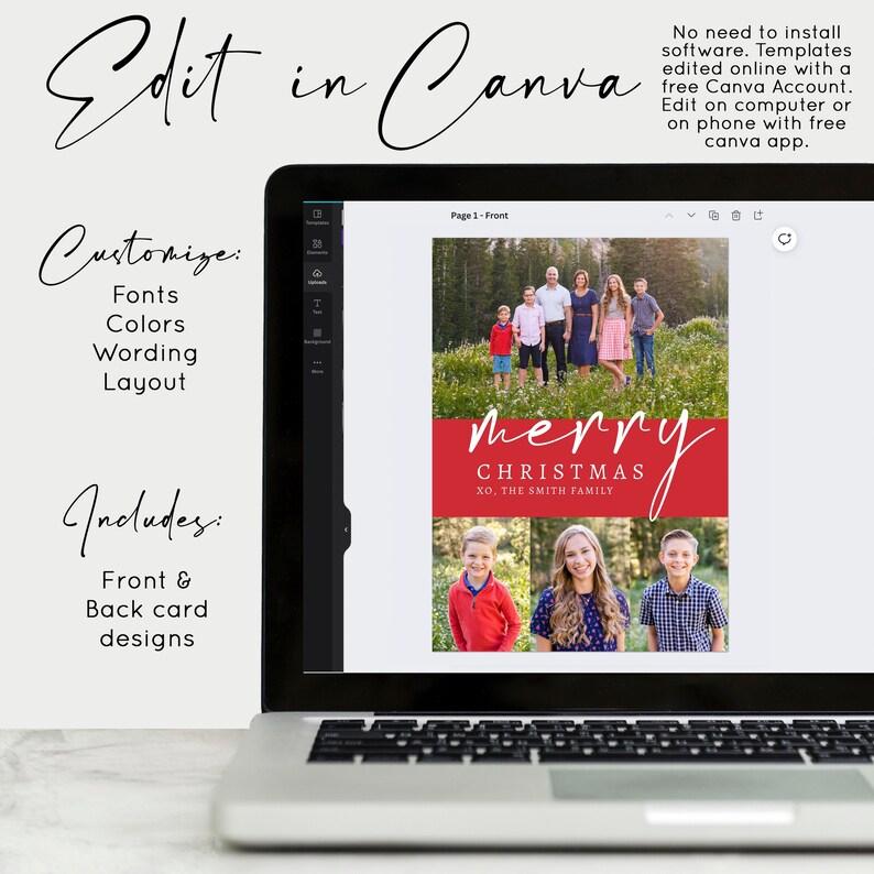 Photo Christmas Script Card Template Holiday Photo Card - Etsy