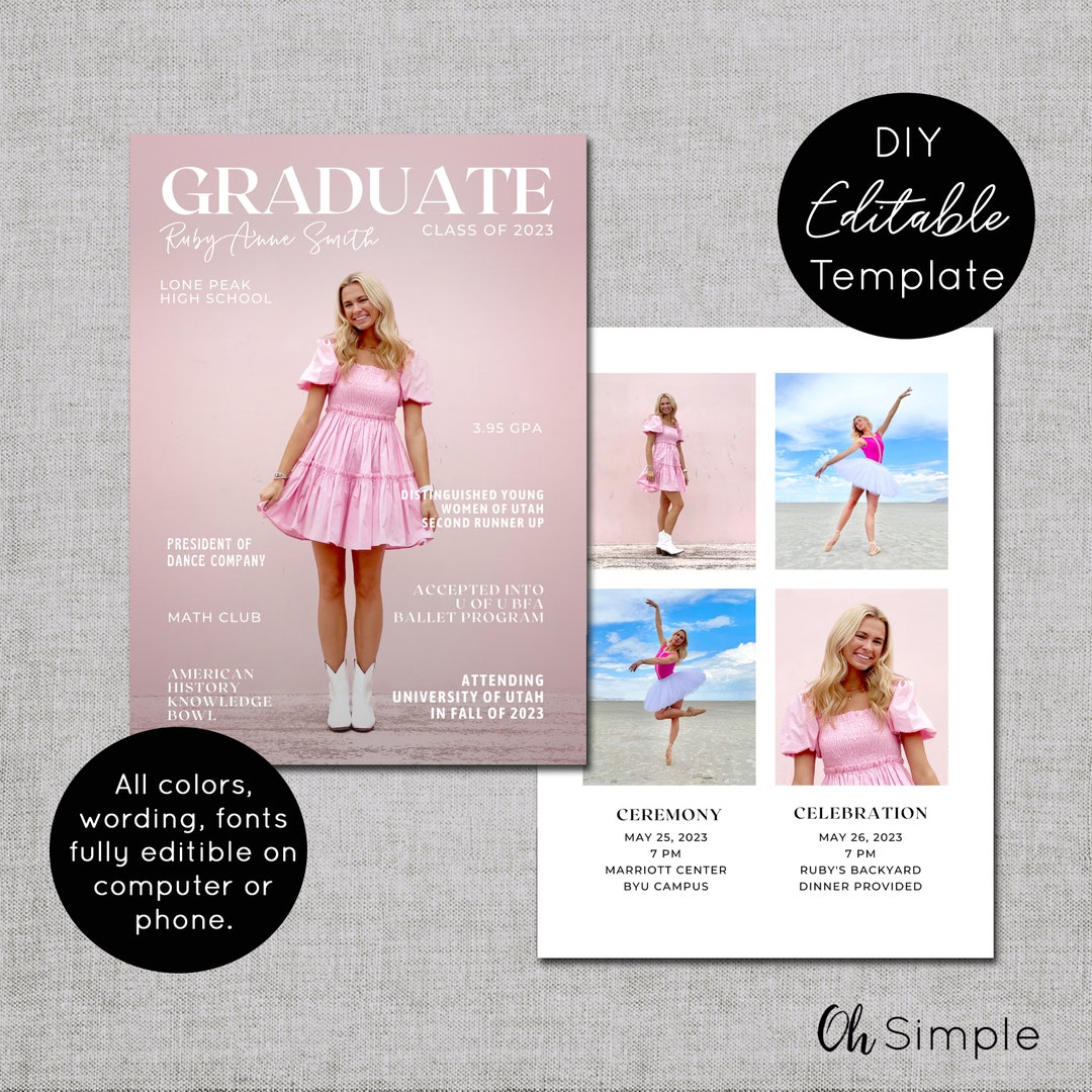 Magazine Style Graduation Invitations Template for Canva, Graduation ...