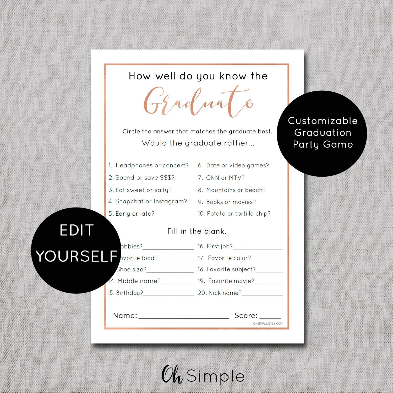 Editable Graduation Party Games Digital Download, Rose Gold Graduation ...