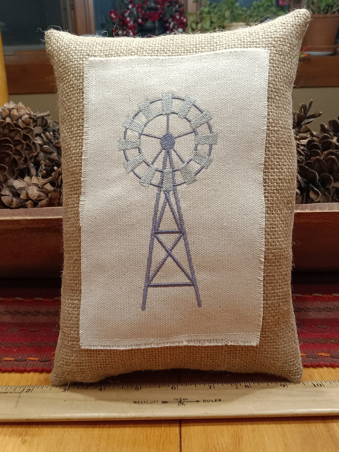 Windmill Farmhouse Burlap Pillow - Approximately 7" X 10" - Machine ...