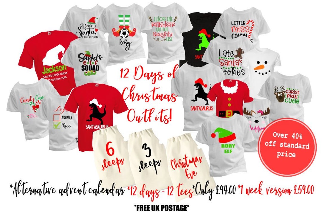Personalised Kids Christmas T-shirt Advent Calendar- 1 Week of ...