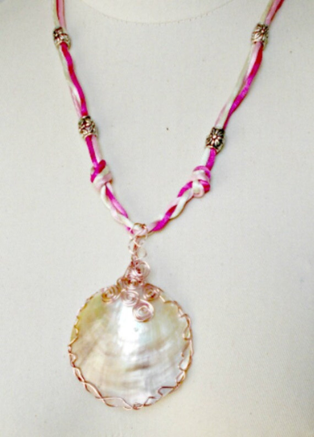Clam Shell Necklace, Wire Wrap Clam Shell Necklace, Pink Wire Wrap ...