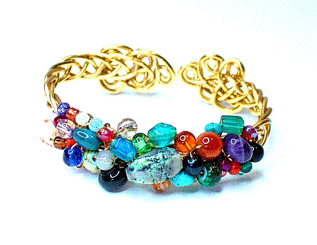 One of a Kind Multi Colored Stone Beads Wire Braided Cuff Bracelet ...