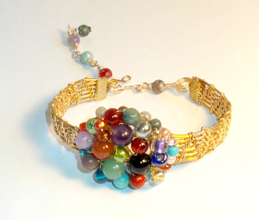 Gold Wire Woven Bracelet,gold Wire Multicolor Bead Bracelet,beaded Gold ...