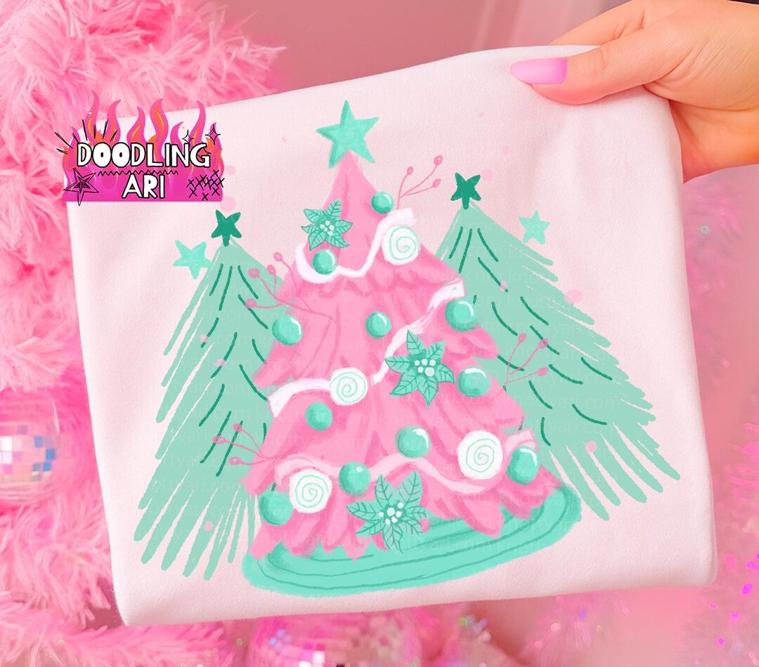 Pink Green Christmas Tree PNG | Retro Holiday Sublimation Design ...