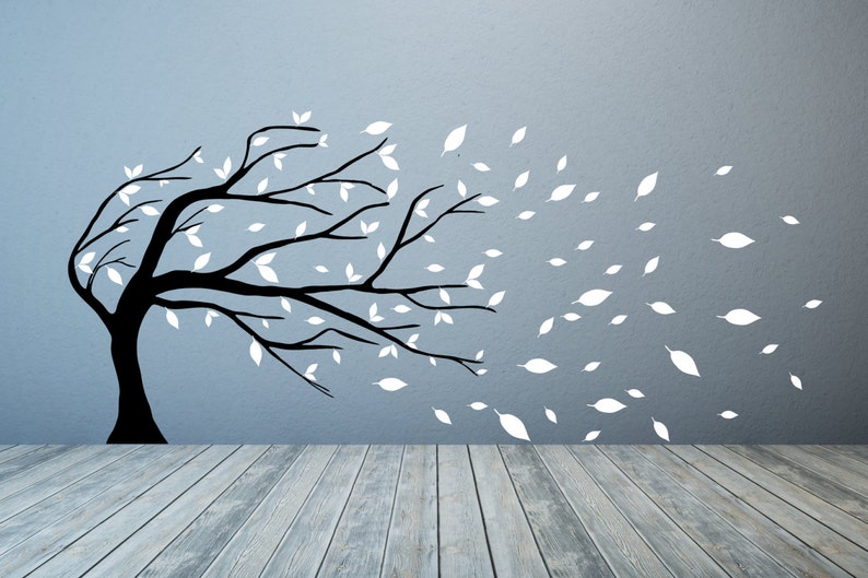 Windswept Tree & Leaves. Vinyl Wall Art Decal Sticker Quote. | Etsy UK
