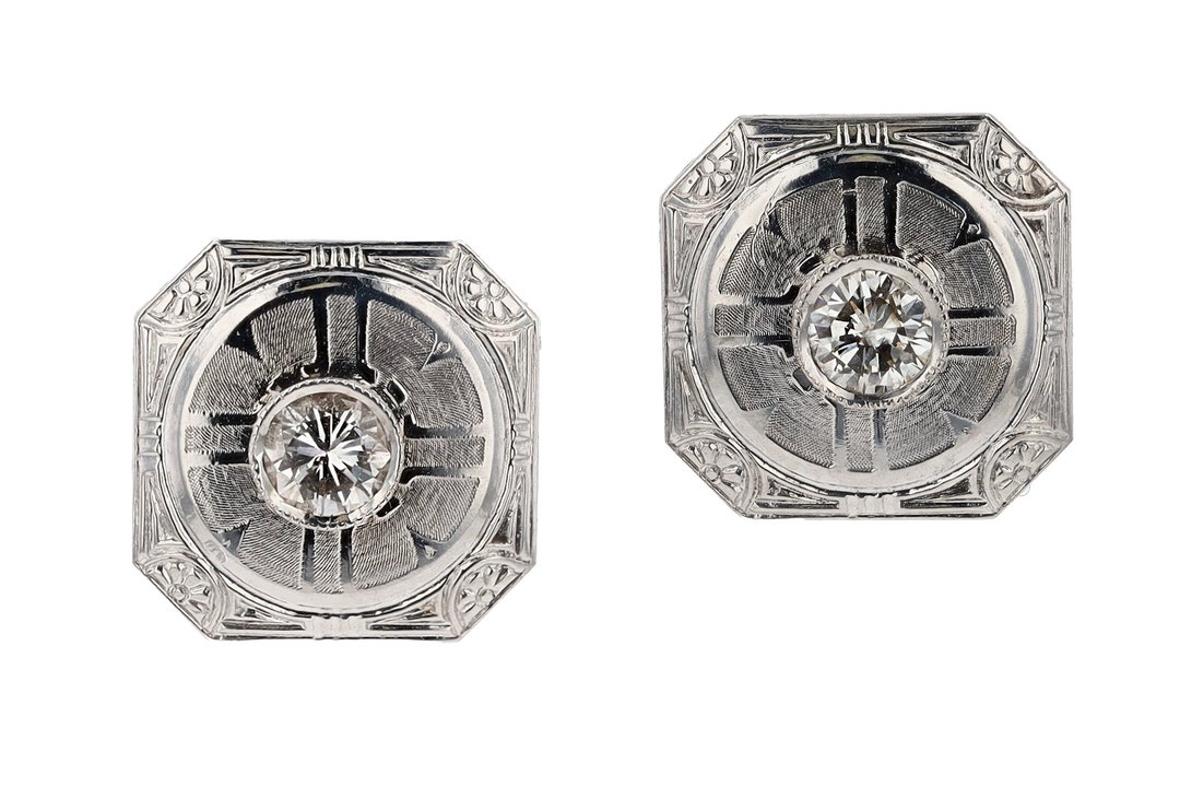 Estate Art Deco Engraved Diamond 14k White Gold Stud Earrings - Etsy