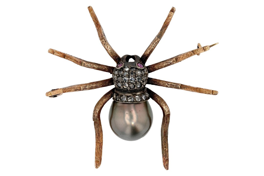 Victorian Revival Tarantula Spider Brooch Pin, Rose Cut Diamonds, Black ...