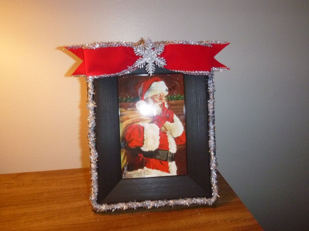 Santa Picture Frame: Black, Silver Tinsel & Red Velvet Bow (4x6) - Etsy