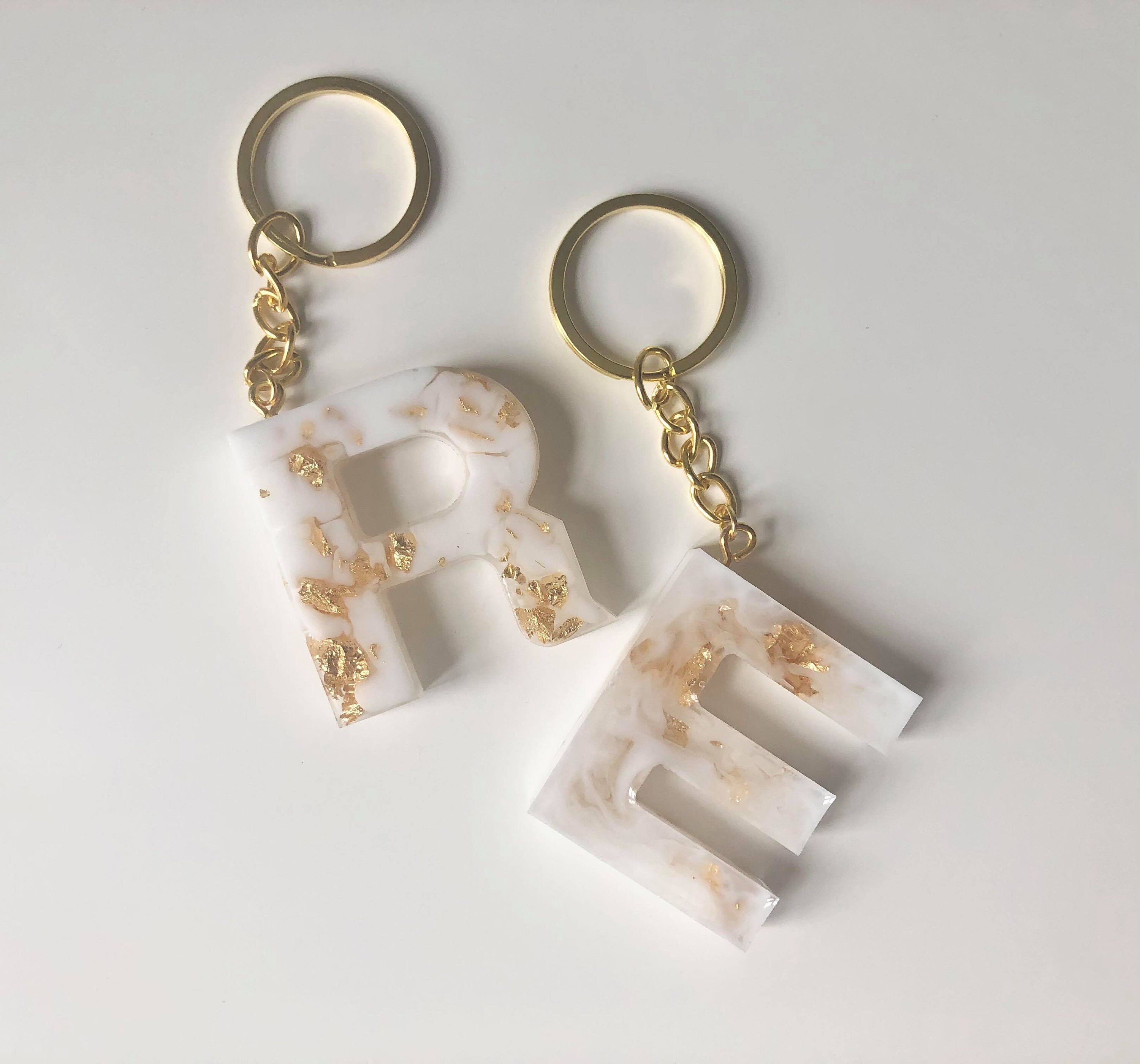 White & Gold Leaf Resin Keyring Pretty keychain Initial | Etsy