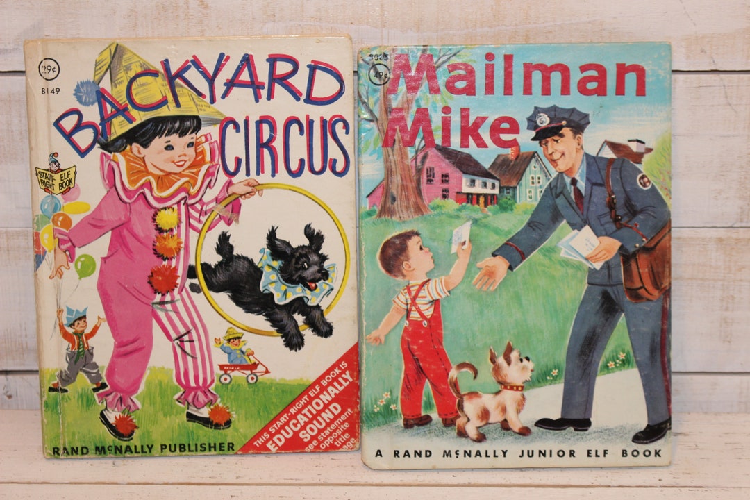 2 Rand Mcnally Junior Elf Books Backyard Circus Mailman Mike Vintage ...