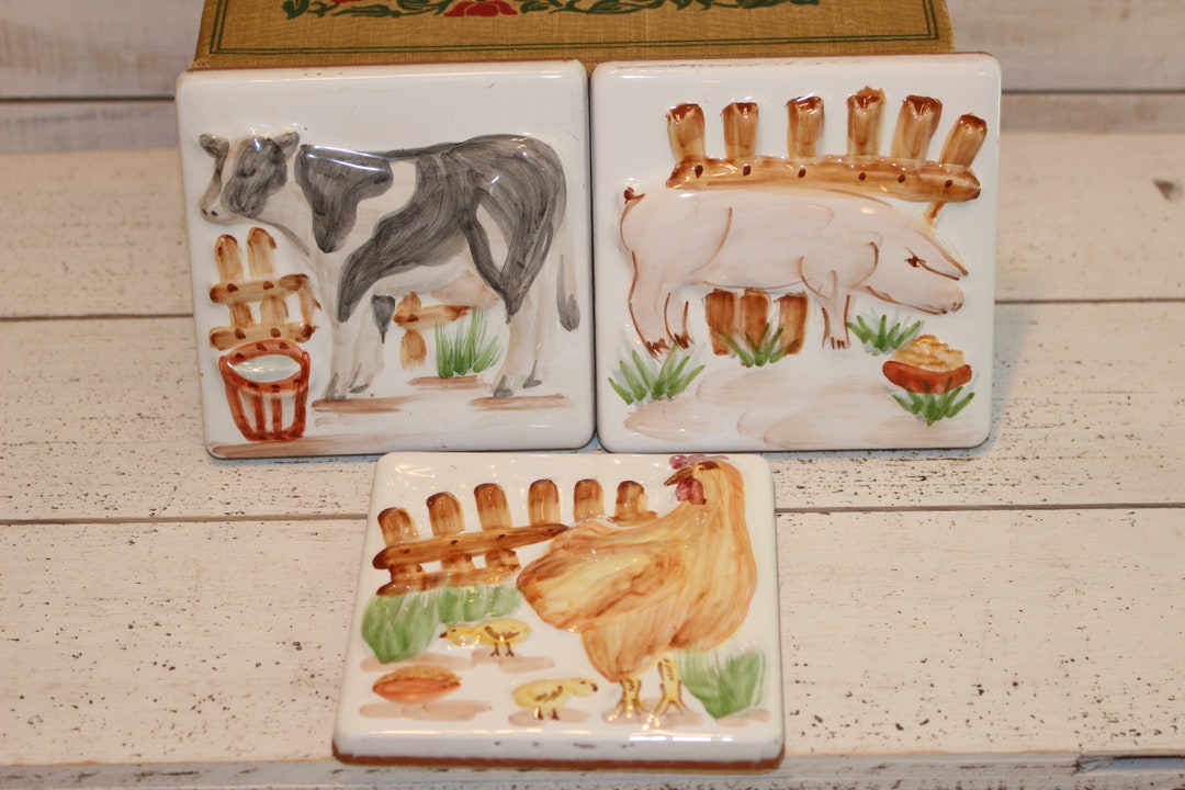 Vintage Terra Cotta Farmyard Tiles Set of 3 Cow Pig Chicken Cottagecore ...