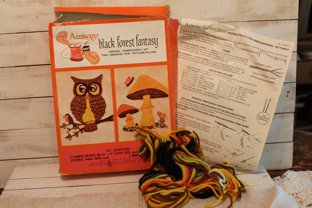Vintage Crewel Embroidery Kit Owl and Mushroom 1973 Amway Black Forest ...