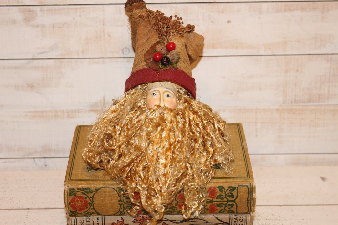 Woodland Santa Head Decoration Bark Hat Silky Beard Rustic Primitive ...