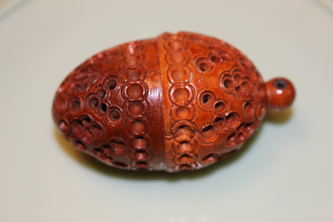 Antique Hand Carved Coquilla Nut Egg Shape Thimble Holder, Palm Tree ...