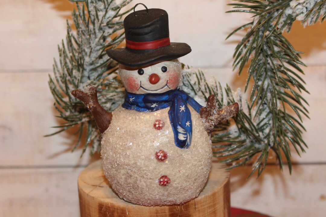 Vintage Walnut Ridge Snowman Ornament Glitter Blue Scarf Black Hat ...