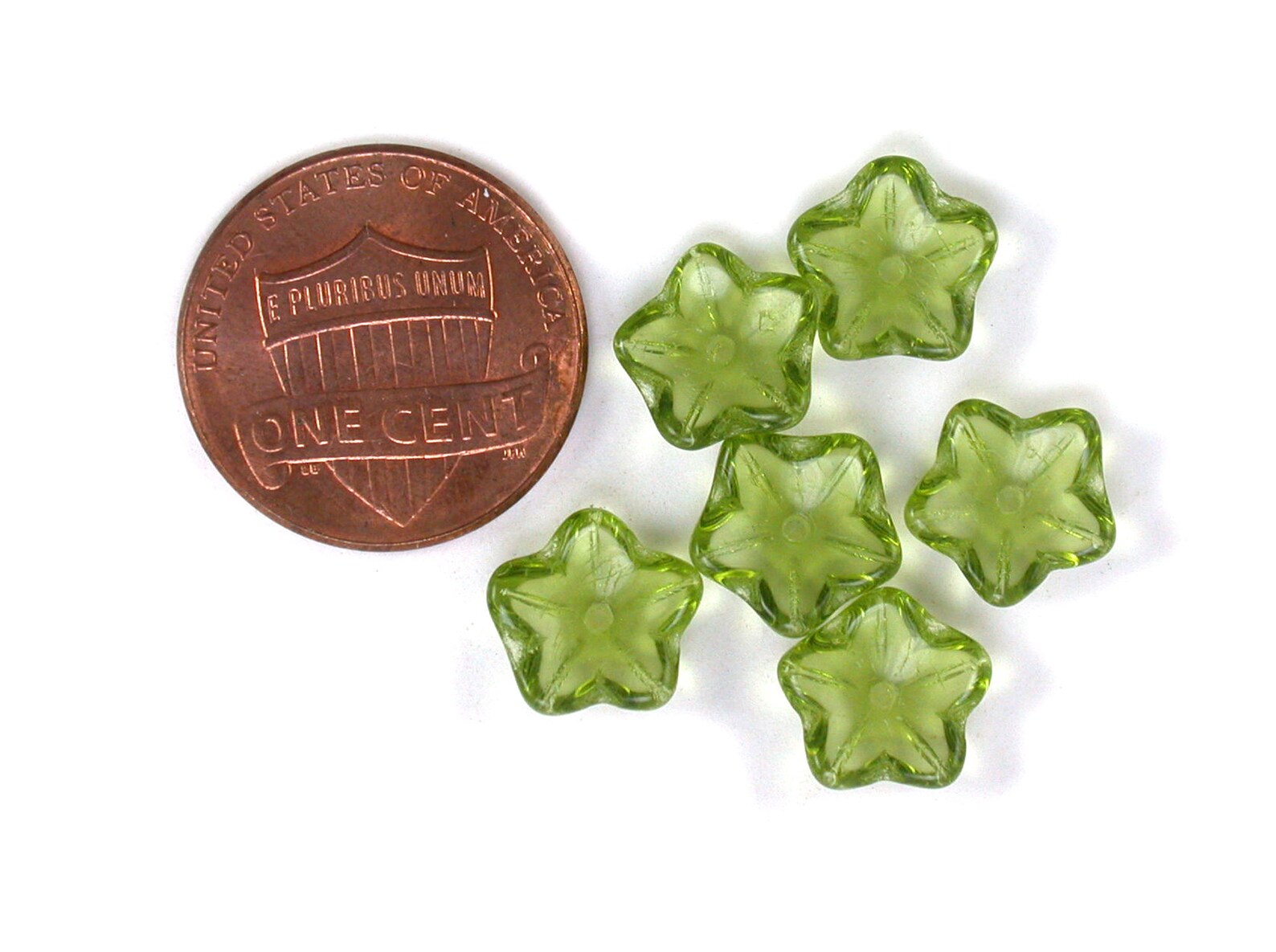 Olive Green Transparent Glass 10mm Center Drilled Cup Flower Beads. Set ...
