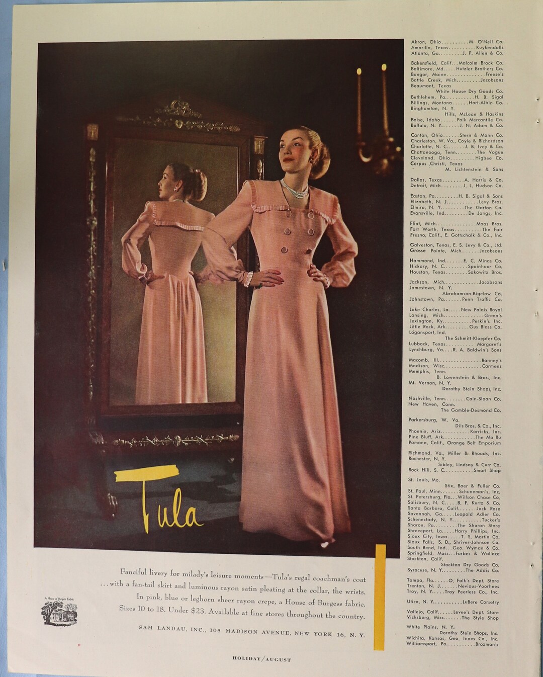 1947 Tula Fashion Advertisement. Vintage 1947 Tula Leisure Gown Ad. 10w ...