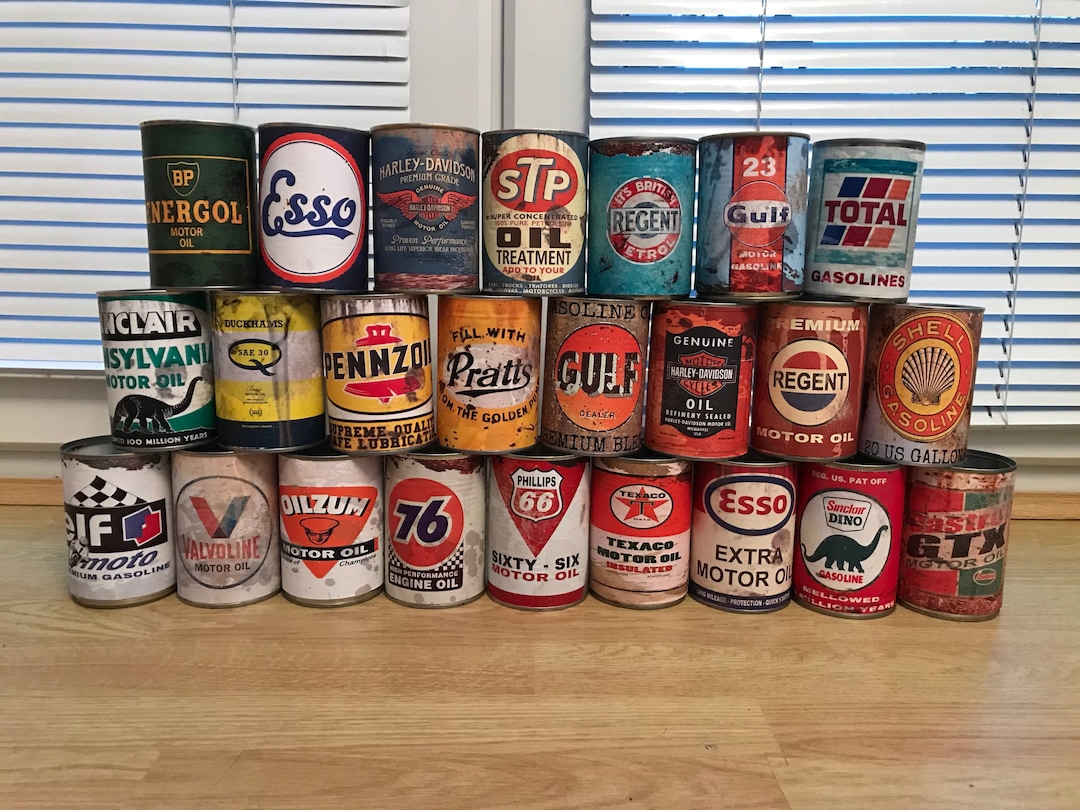 Motor Oil Tin Cans Rustic Petrol Motoring Old Can Replica Rusty Vintage ...