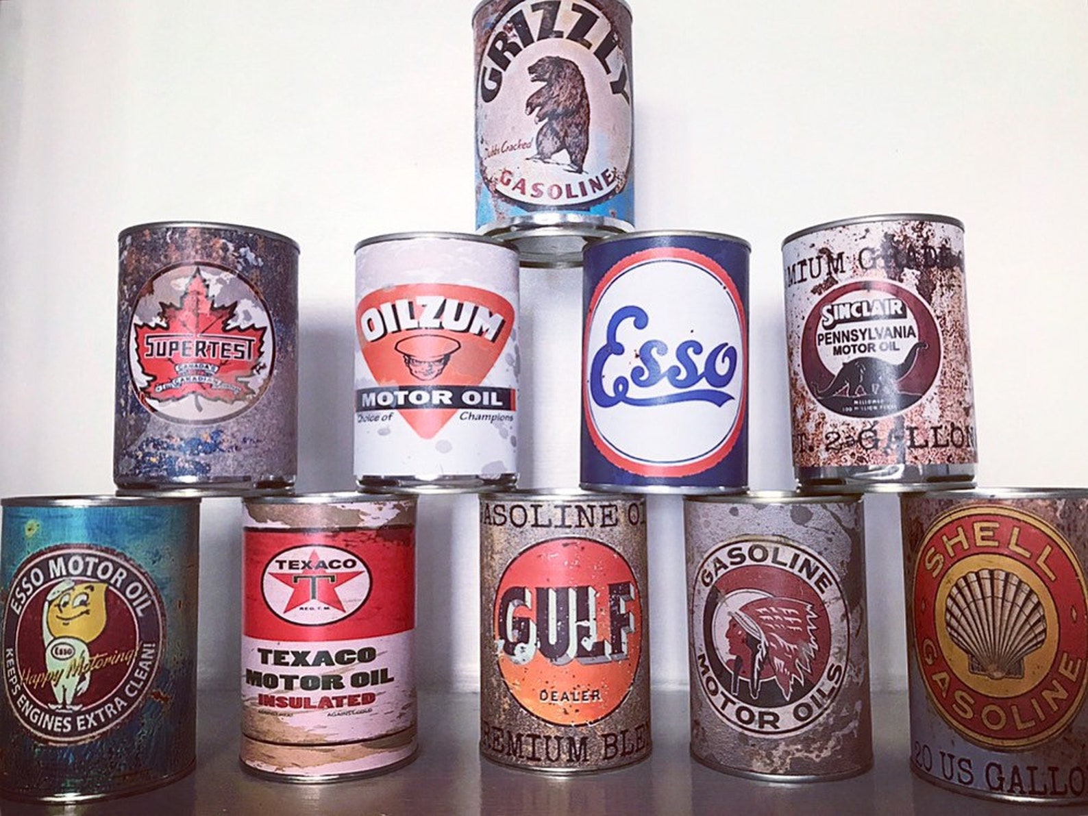 Old Vintage Motor Oil Cans Rustic Petrol Motoring Tin Can Replica Rusty ...