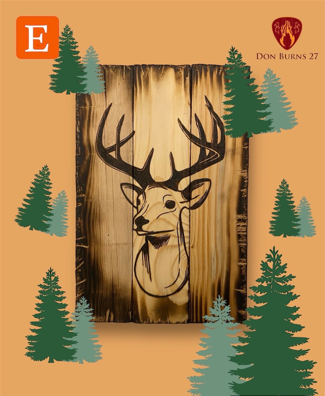 Wood Burnt Stag Rustic Home Decor Wooden Burned Man Cave Wall Hanging ...