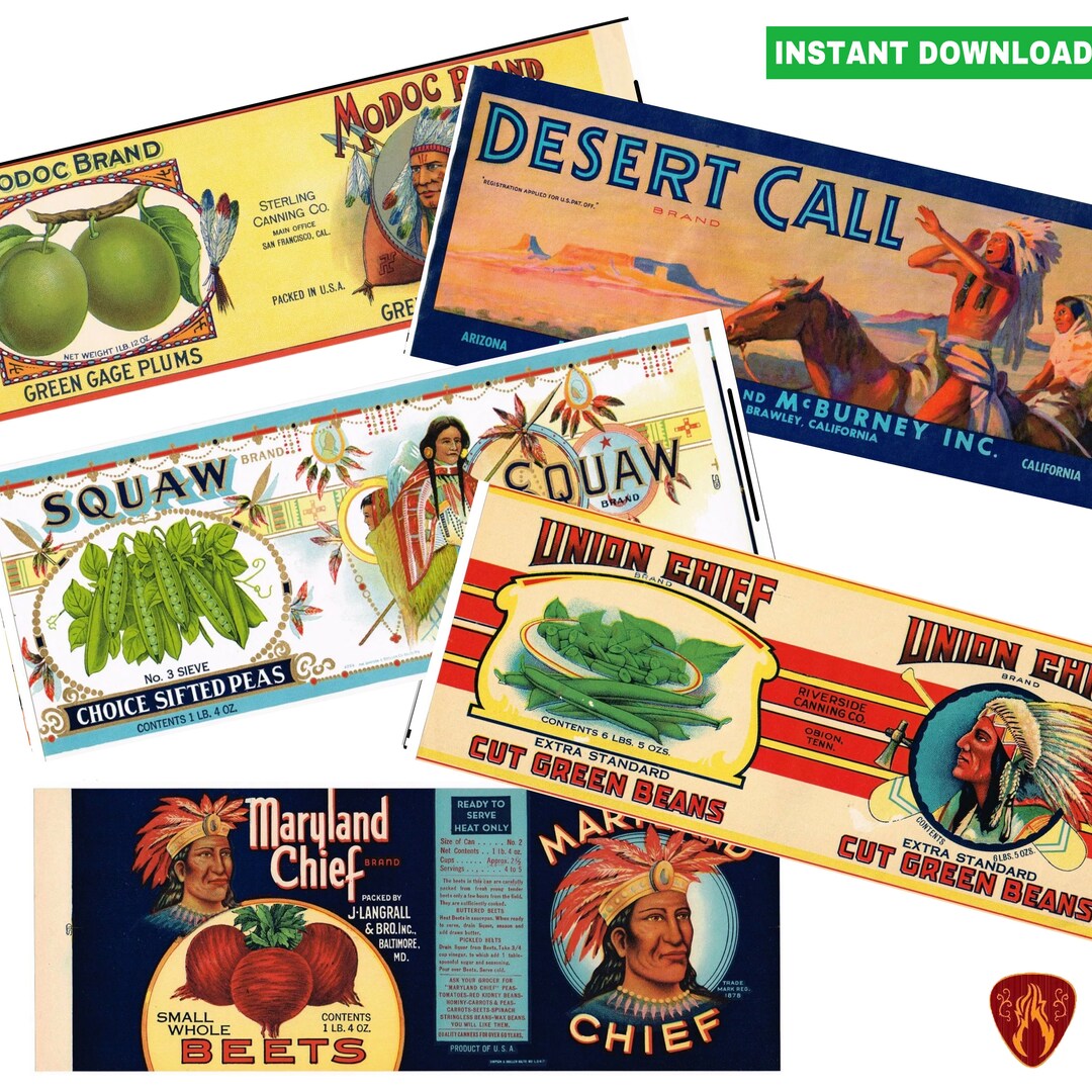 Vintage Fruit & Veg Can Labels With Native American Designs (digital ...