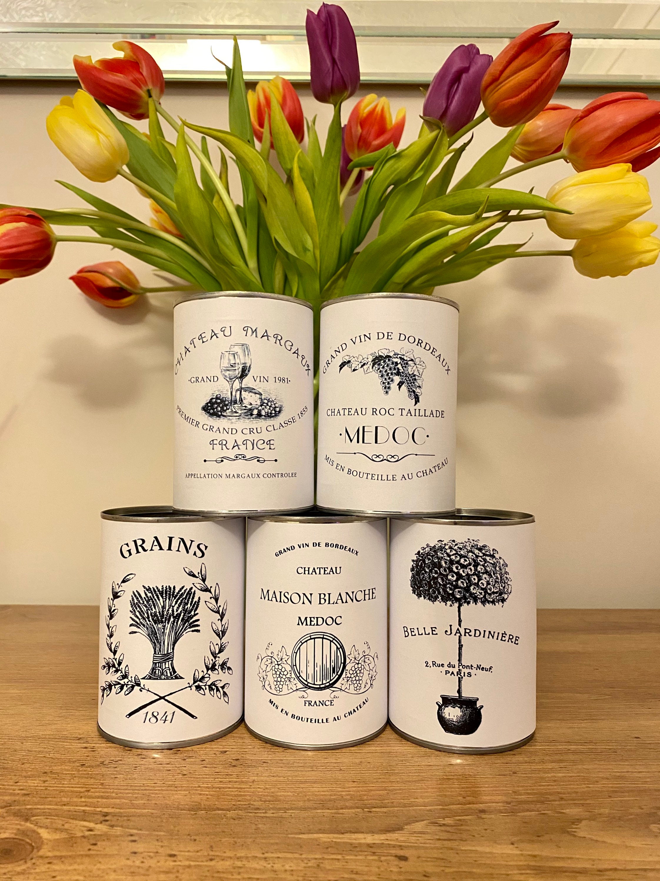 French Style Tin Cans Home Decor Paris Labels Table Centre Piece White ...