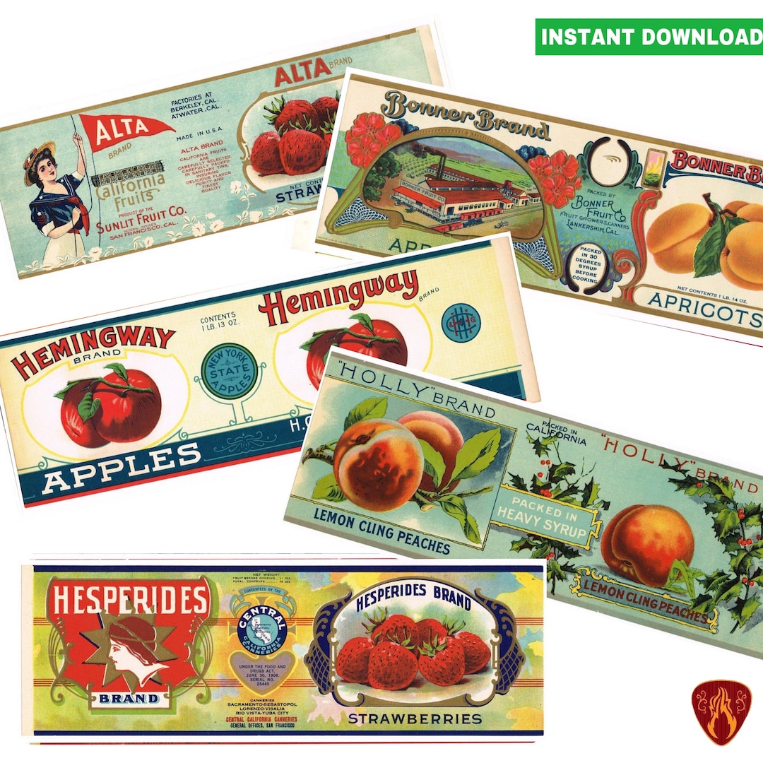 Vintage Fruit Can Labels Fruit Tin Digital Prints Kitchen Decor Cutlery ...