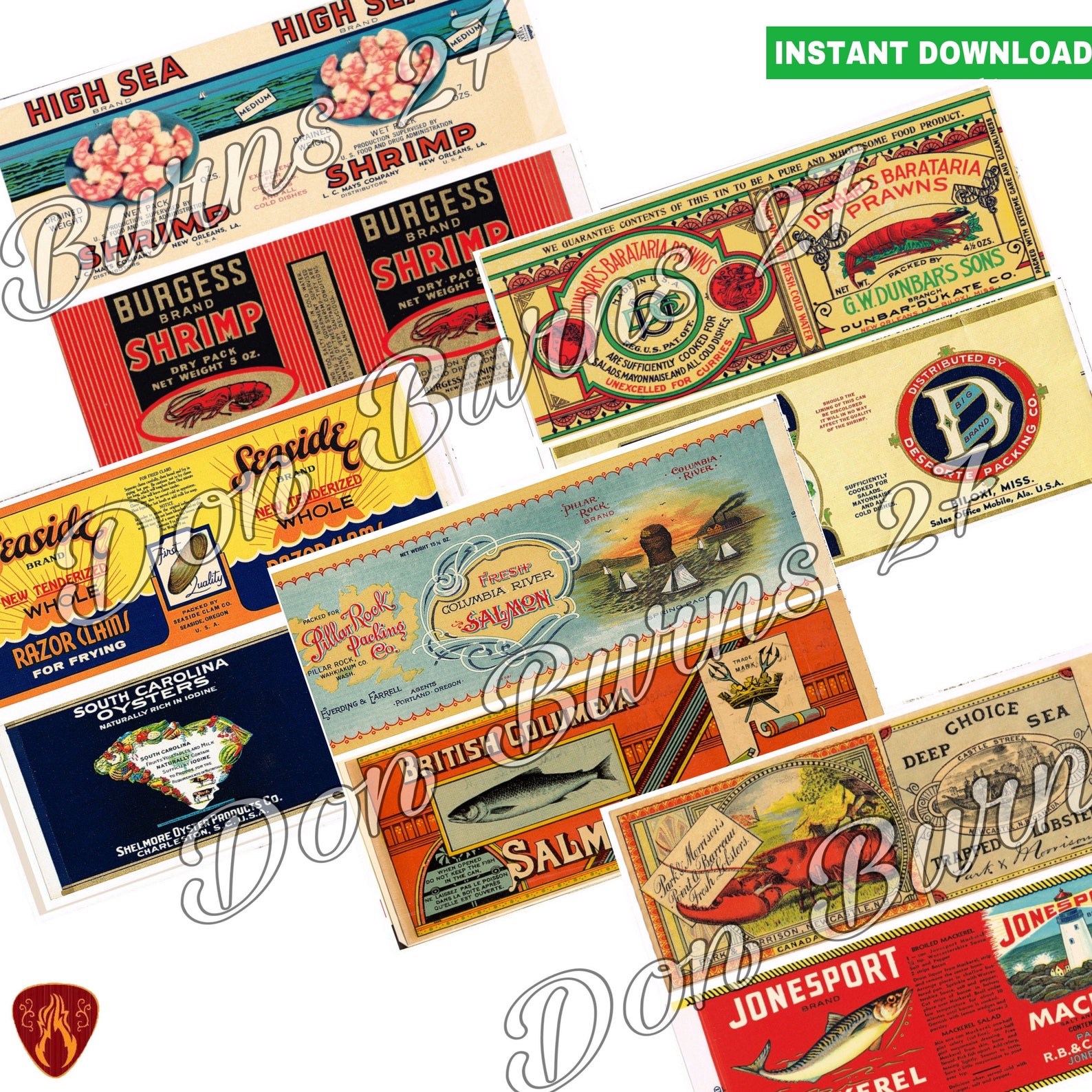 10 Vintage Seafood Labels Salmon for Tin Cans Kitchen Prints Decor ...