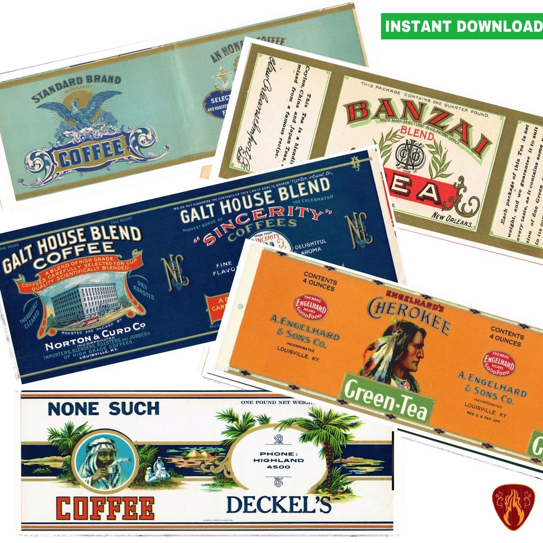 Vintage Tea and Coffee Labels Tin Can Label Kitchen Diner Cutlery Pots ...