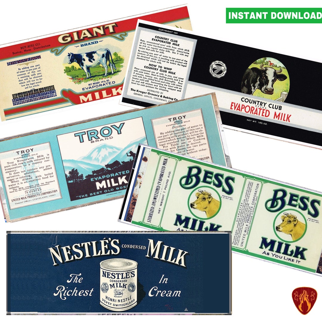 5 Vintage Milk Labels Tin Can Milk Kitchen Diner Cutlery Pots Printable ...