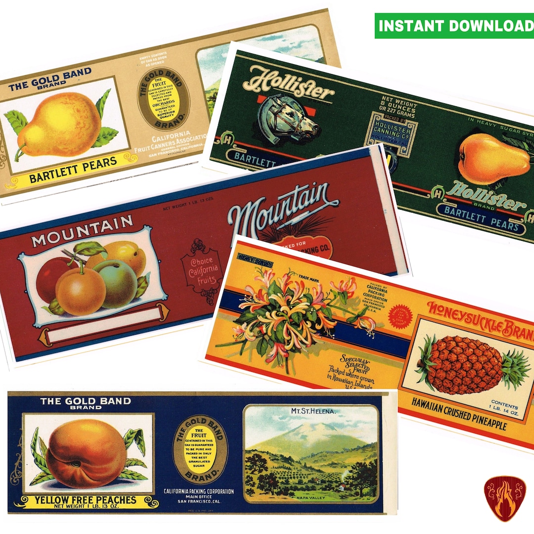 Vintage Fruit Tin Can Labels in Royal Colours Food Can Prints Kitchen ...