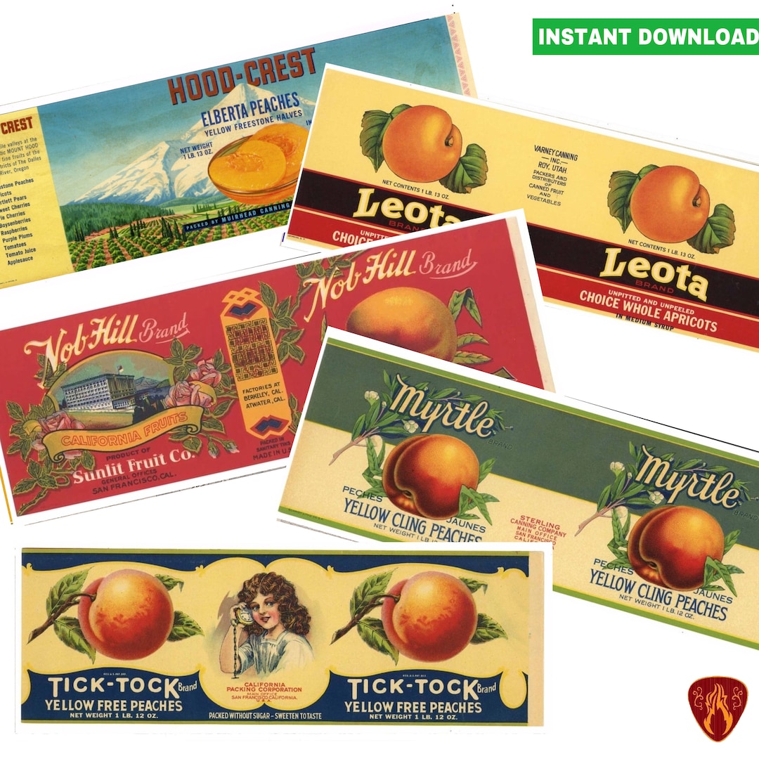 Vintage Peach Can Labels Set of 5 Printable Digital Food Can Label ...
