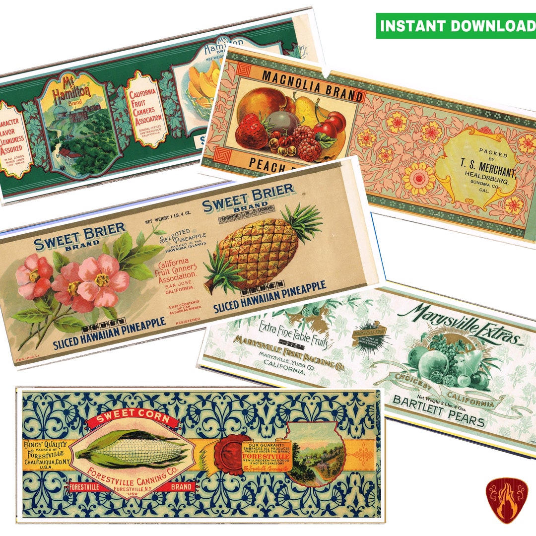 Vintage Fruit Labels Tin Can Food Fruit & Vegetable Prints Green and ...