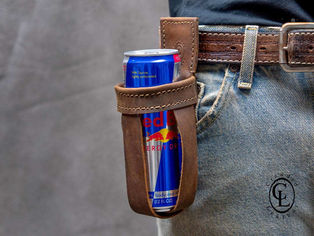 Leather Drink Holster – Handmade Belt Clip Can Holder, Red Bull, Soda ...
