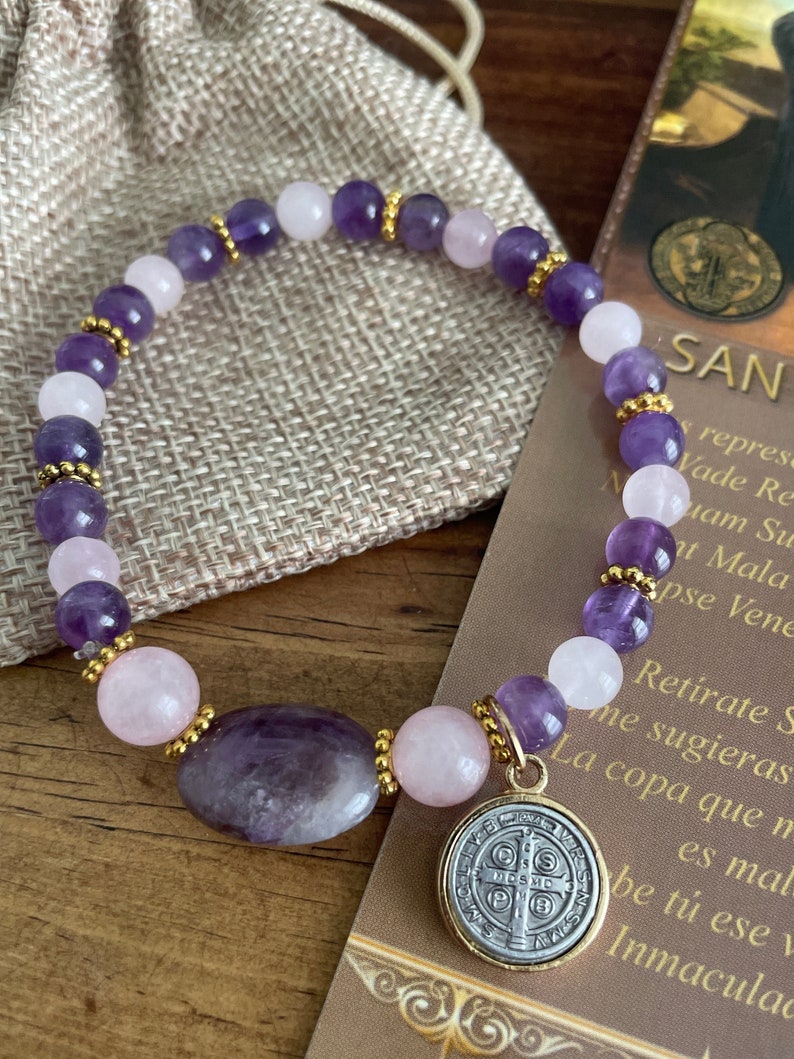 San Benito Medalla Rose Quartz and Amathys Natural Gemstone Bracelet ...